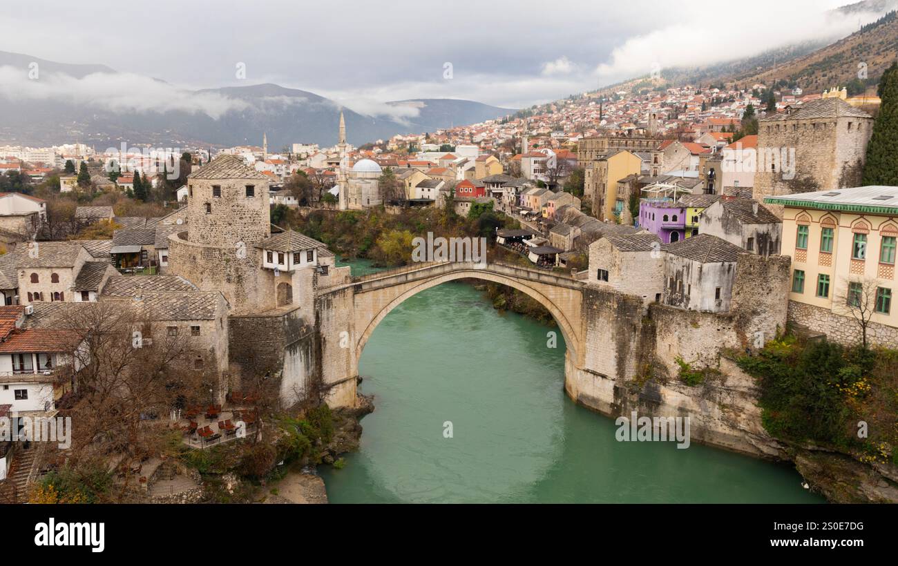 Aerial view of the Old Bridge of Mostar. Stari Most with city ...
