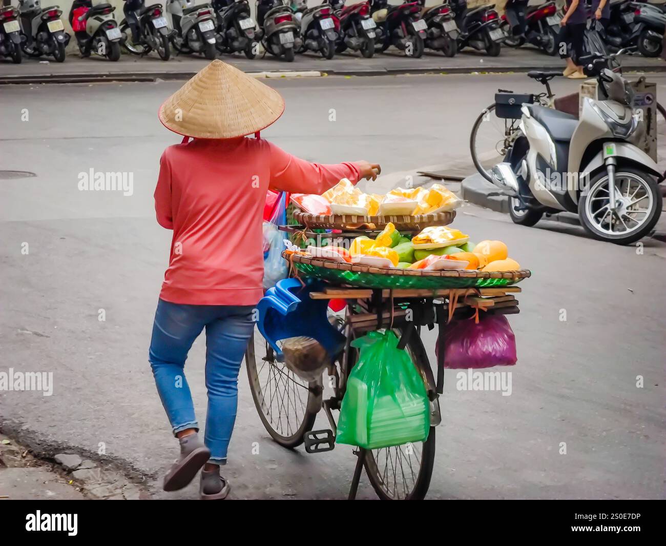 Vietnamese street vendor. Woman with a bike and traditional Vietnamese ...