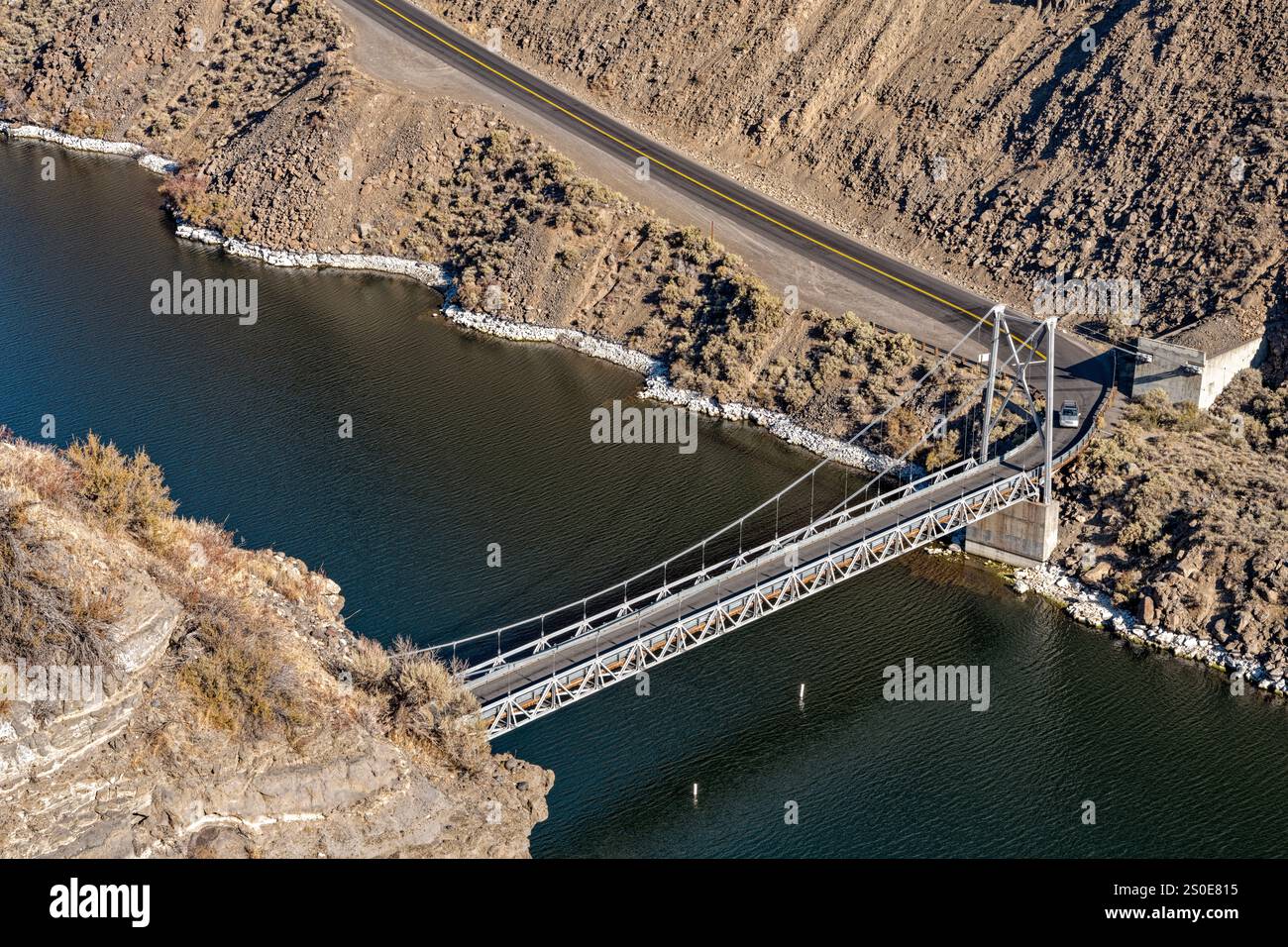 Aerial view looking downward at the suspension bridge crossing the ...