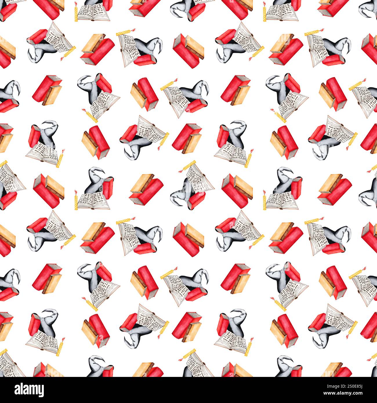 Compositions of hats, books and candles. Watercolor illustration of a ...