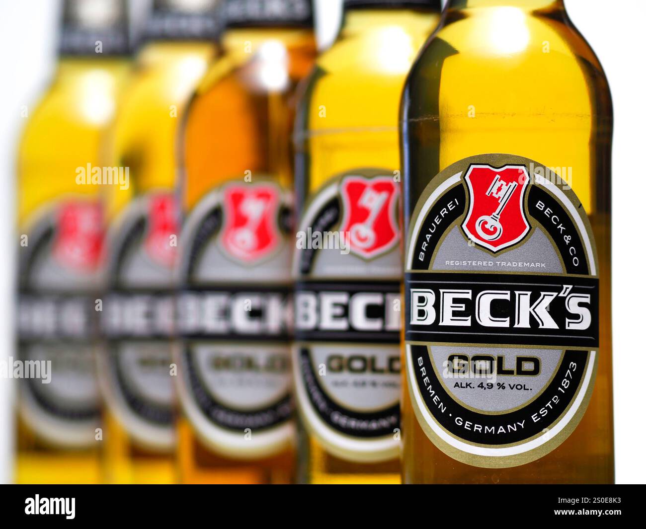 In this photo illustration, bottles of Beck's Gold beer seen displayed ...