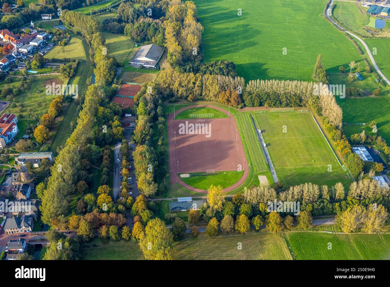 Aerial view, soccer stadium SuS Kalkar with secondary sports field ...