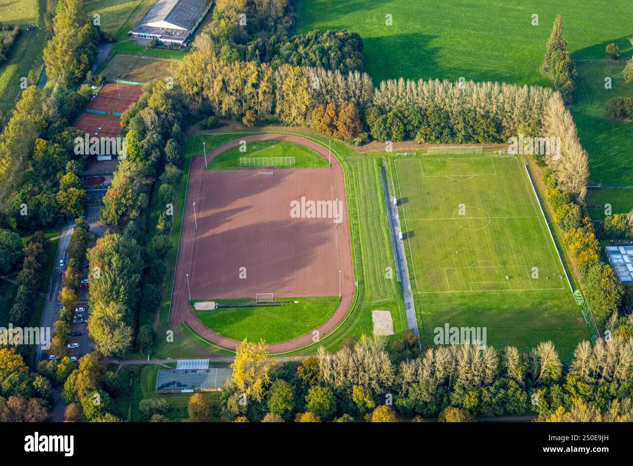 Aerial view, soccer stadium SuS Kalkar with secondary sports field ...