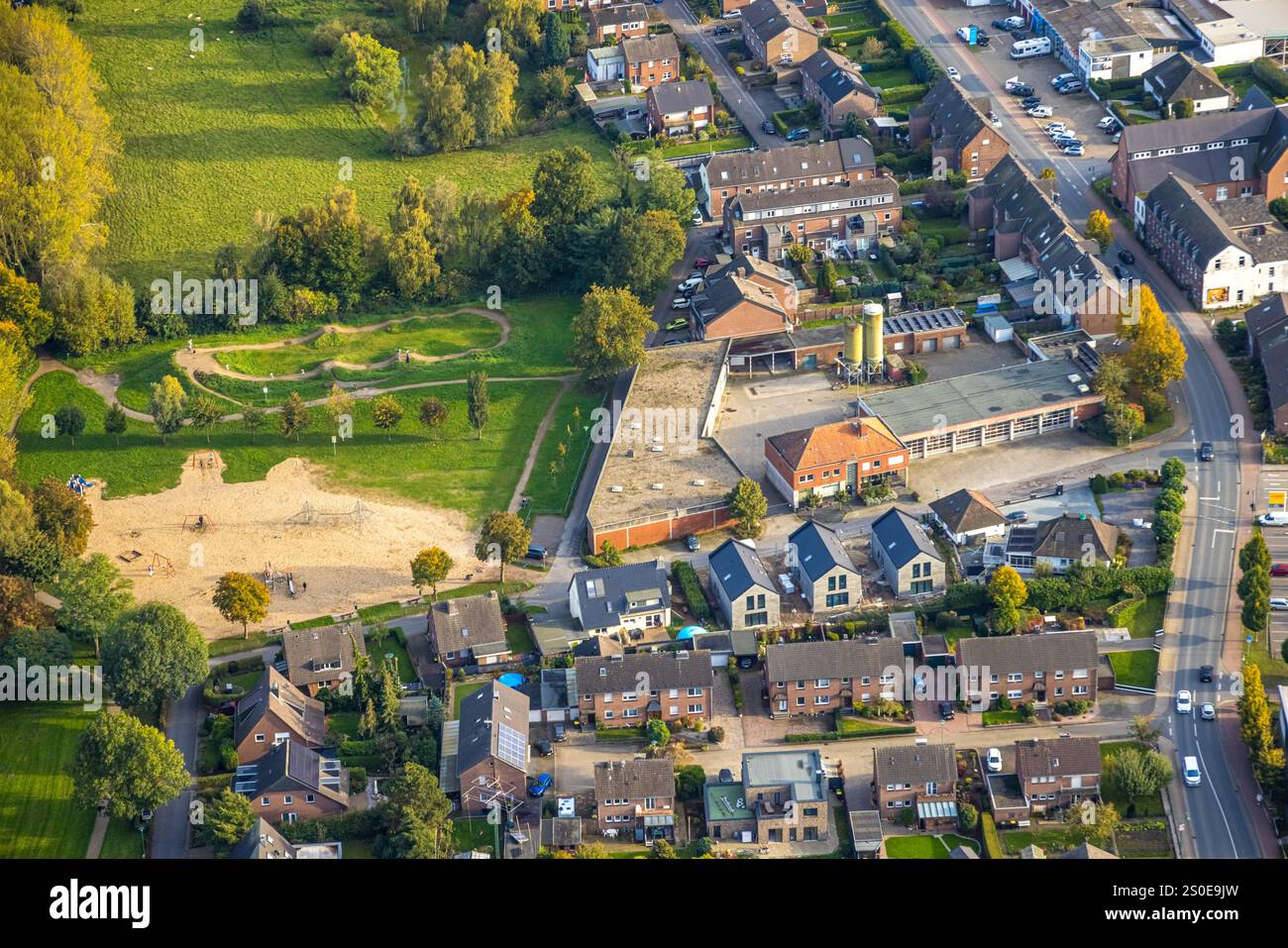 Aerial view, Kalkar volunteer fire department at the city park with ...