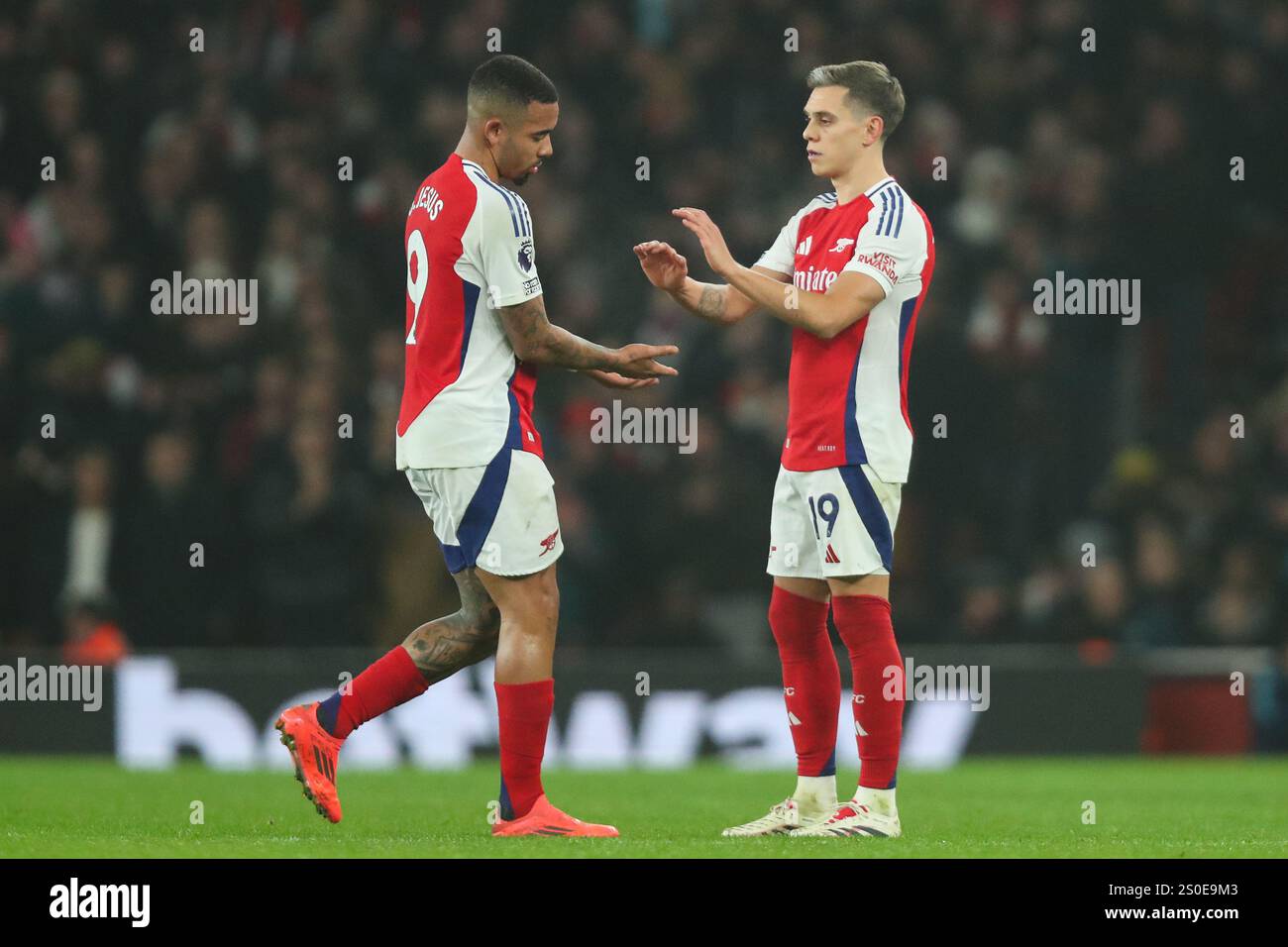 Gabriel Jesus of Arsenal and Leandro Trossard of Arsenal high five during the Premier League ...