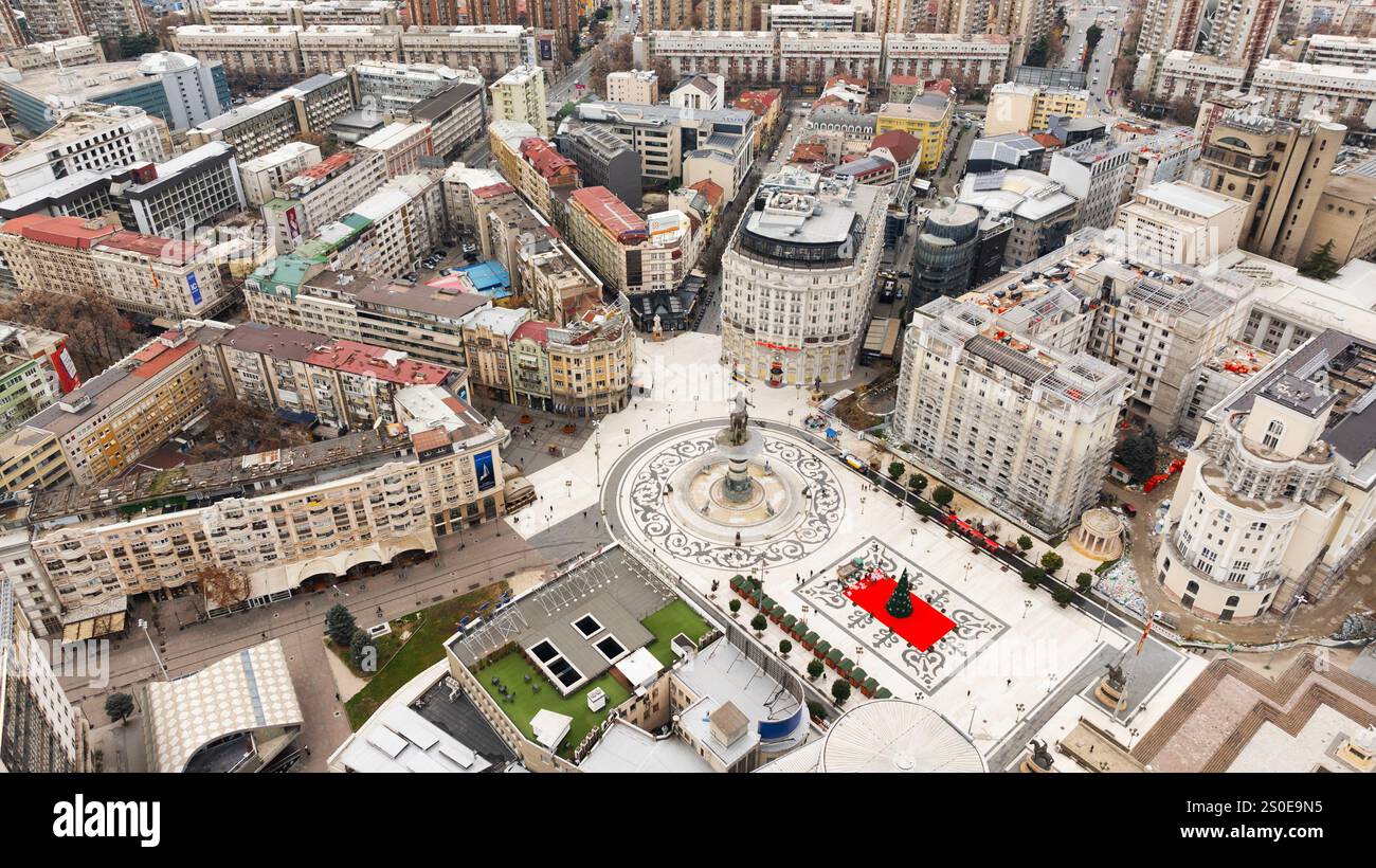 Aerial view of Skopje city center, Drone view of the center square in ...