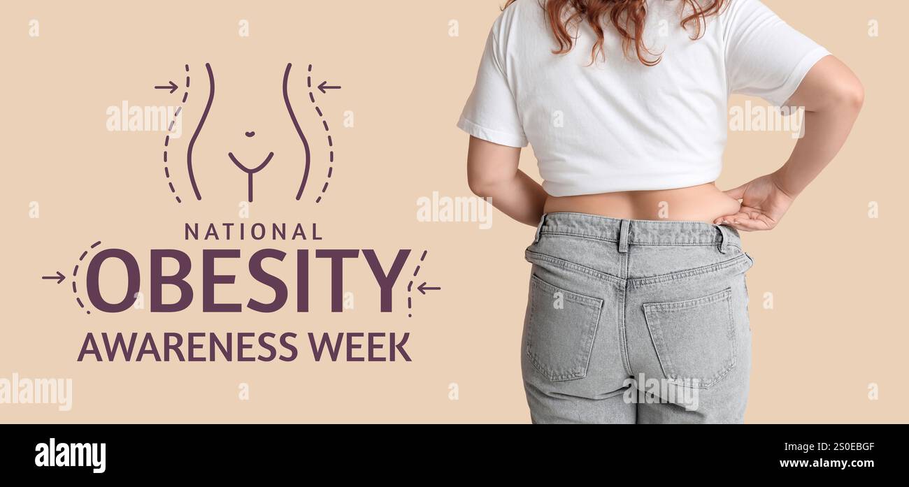 Overweight woman on beige background, back view. Banner for National ...