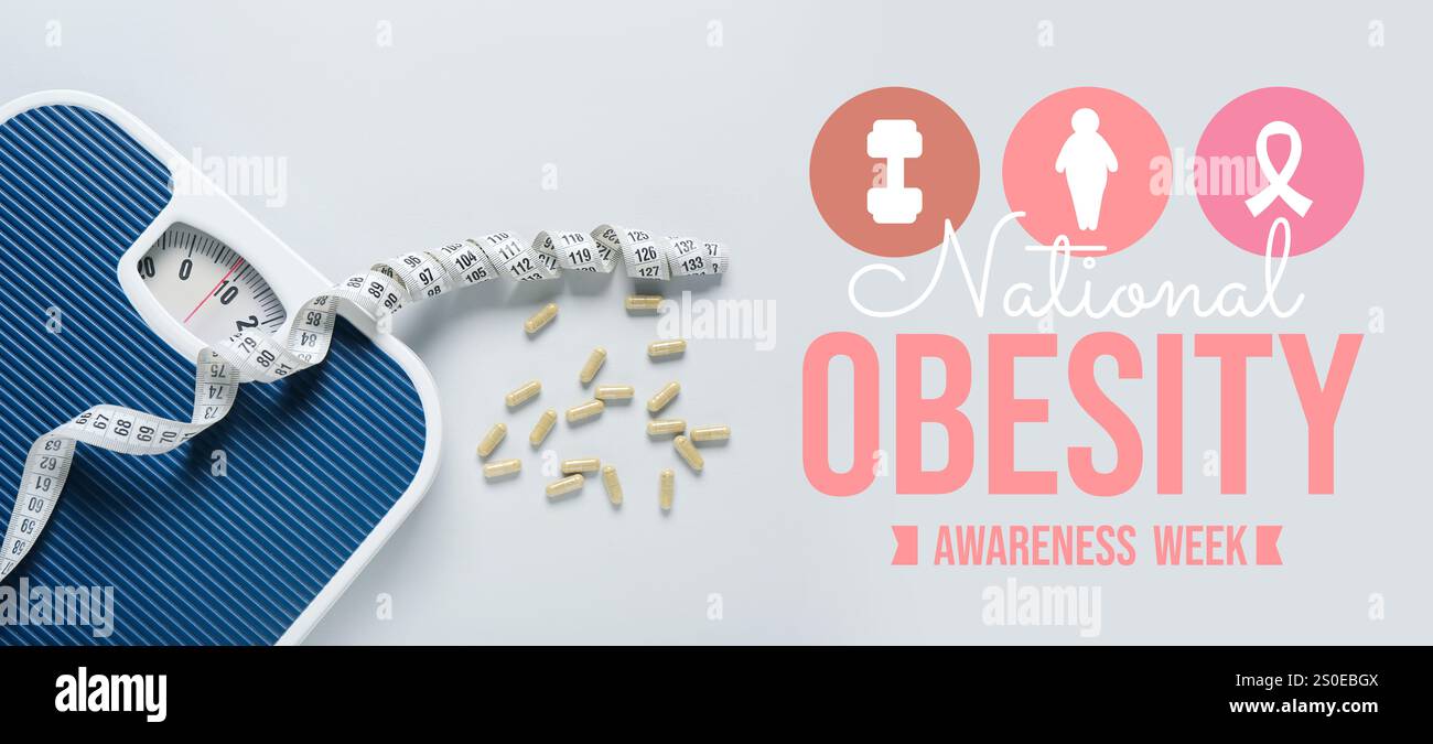 Scales, measuring tape and pills on grey background. Banner for ...