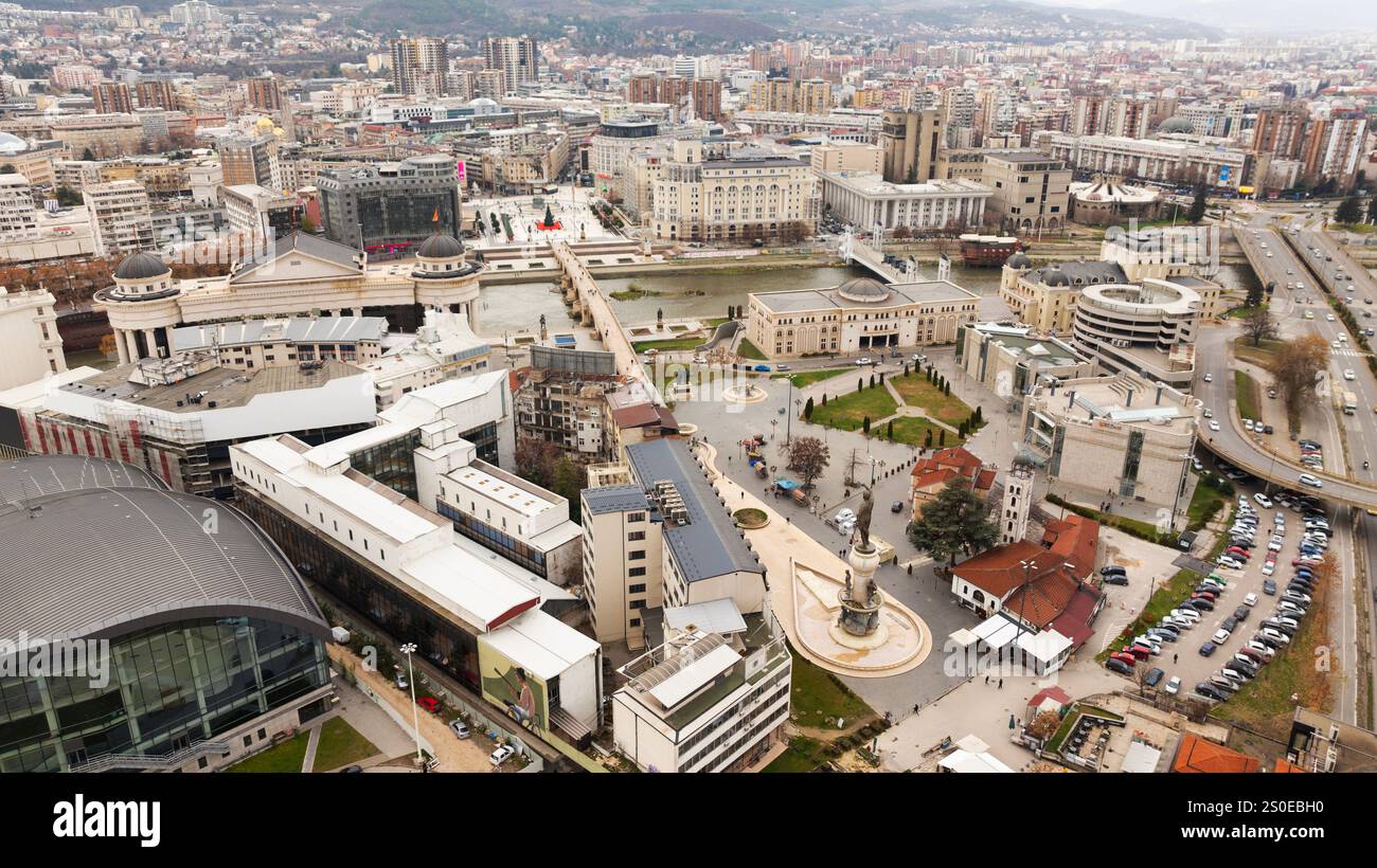 Aerial view of Skopje city center, Drone view of the center square in ...