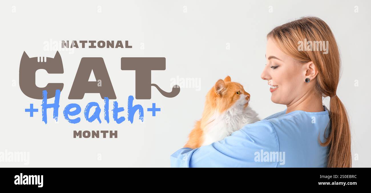 Veterinarian with cat on light background. Banner for National Cat ...