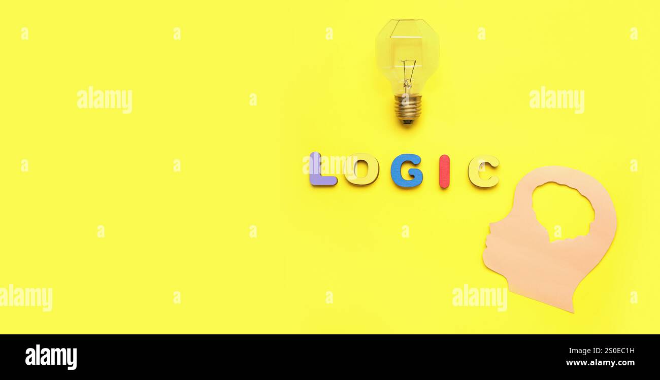 Word LOGIC, light bulb and paper human head on yellow background with ...
