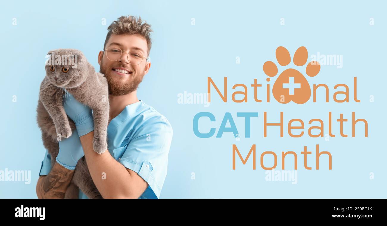 Male veterinarian with Scottish fold cat on light blue background ...