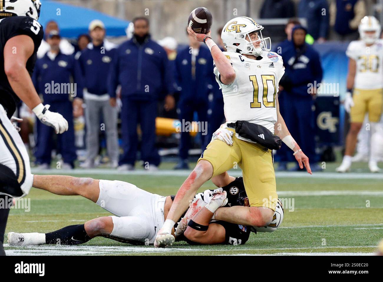 Georgia Tech quarterback Haynes King (10) is sacked by Vanderbilt ...