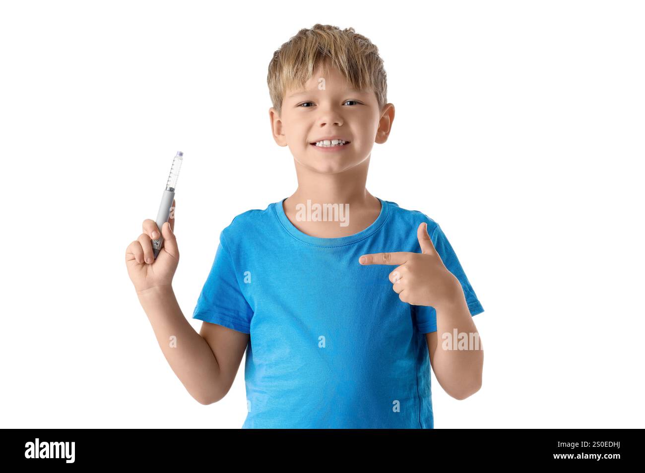 Little diabetic boy pointing at lancet pen on white background Stock ...