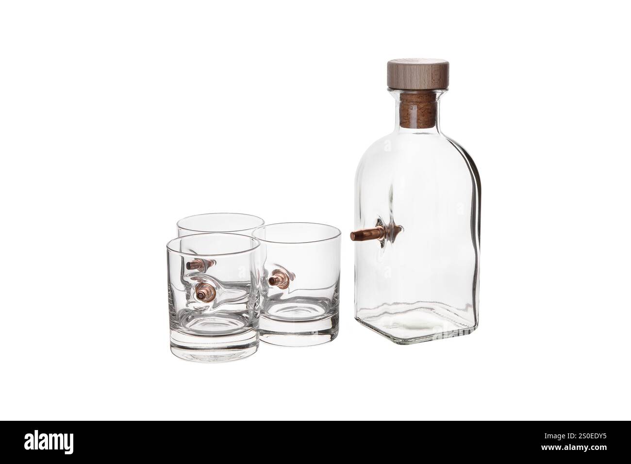 A unique glass decanter and three matching glasses, each with a bullet ...