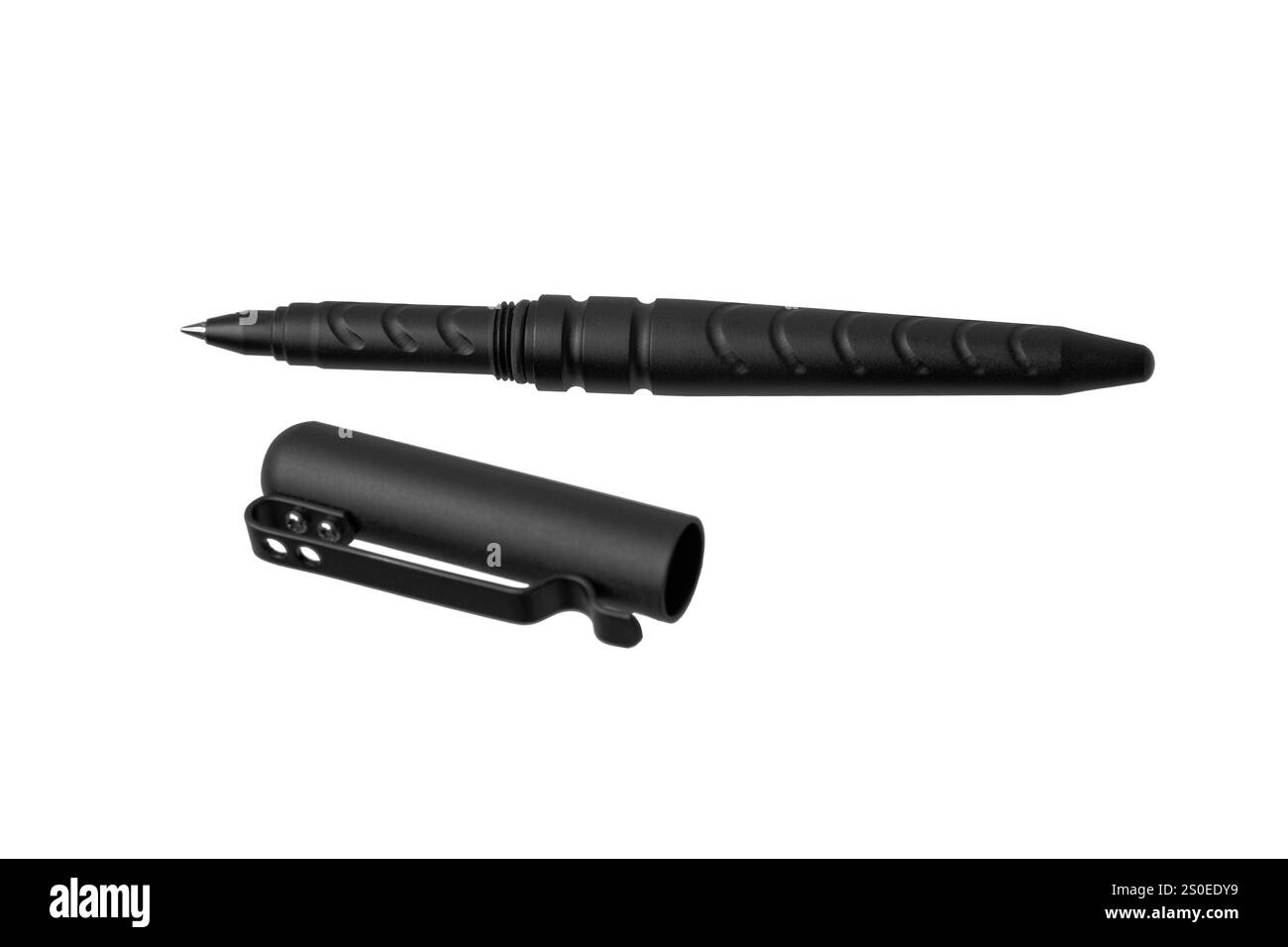 A black tactical pen with a textured grip and a removable cap, designed ...