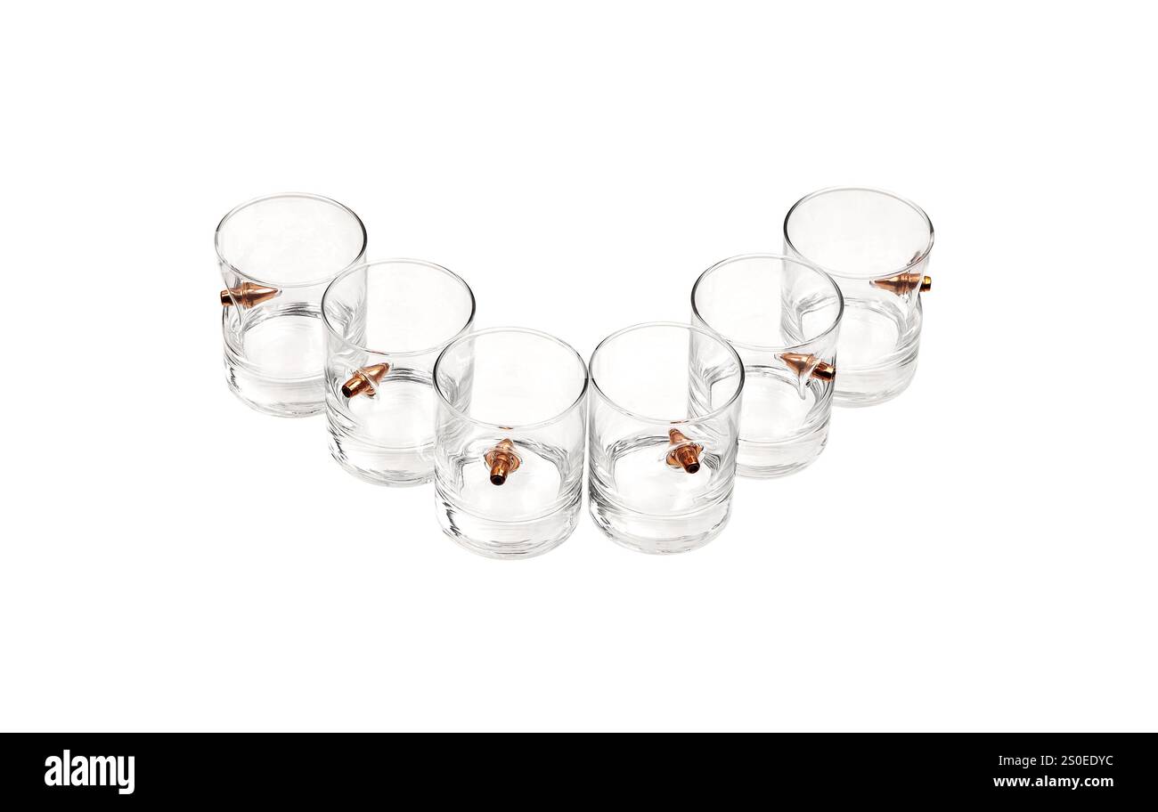 Six clear whiskey glasses with embedded copper bullets, arranged in a V ...