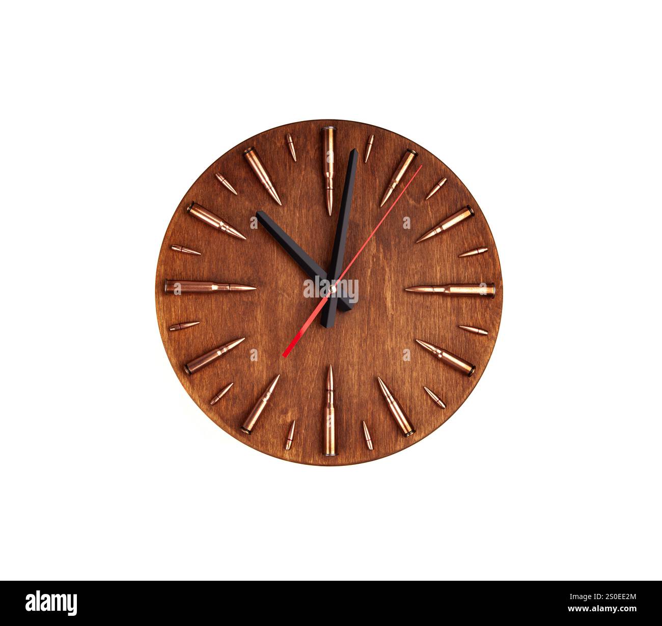 A unique wall clock with a wooden face, featuring bullet casings as ...