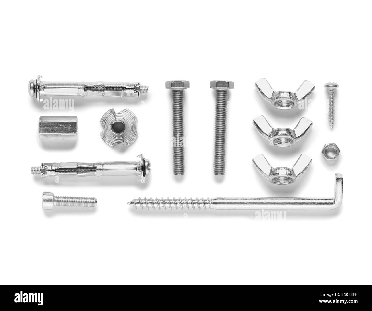 Arrangement of different tap bolts, screws and chrome nuts isolated on ...