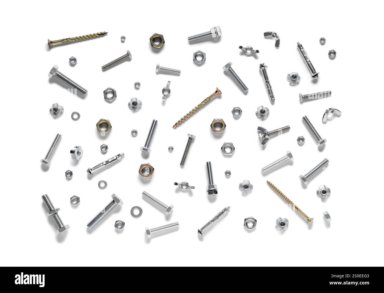 Different tap bolts, screws and chrome nuts isolated on white ...