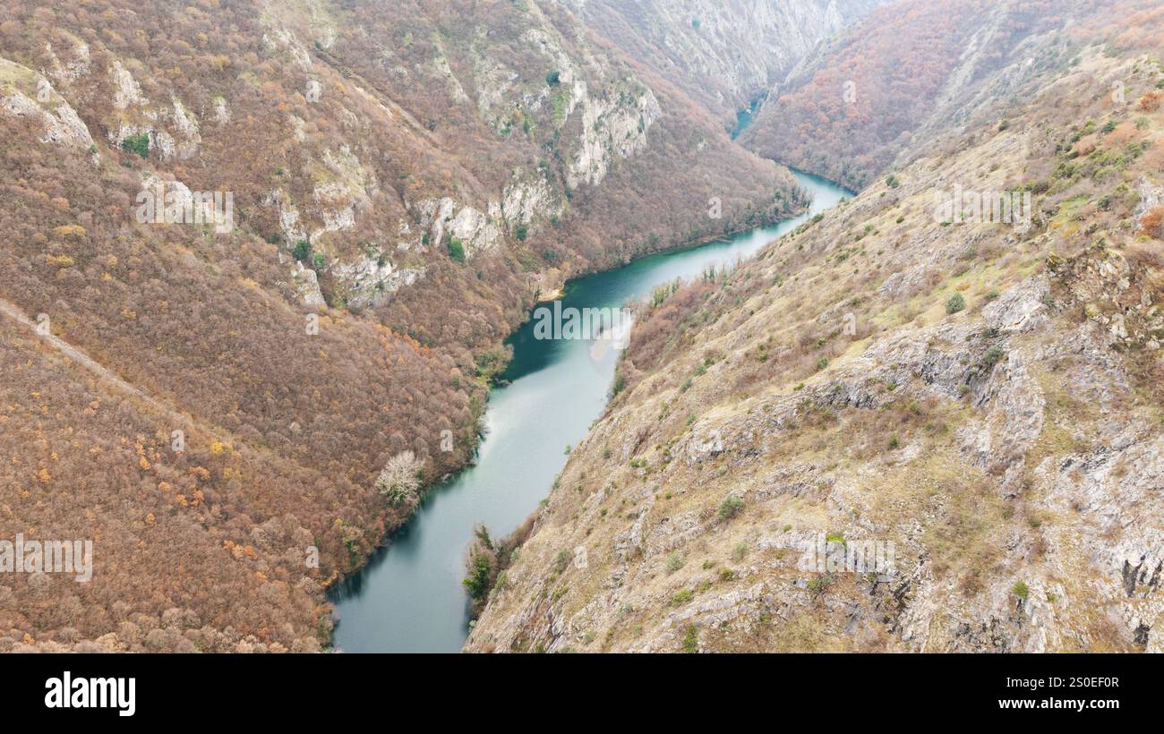 Aerial view of Matka lake with a dam power plant and Treska river in ...