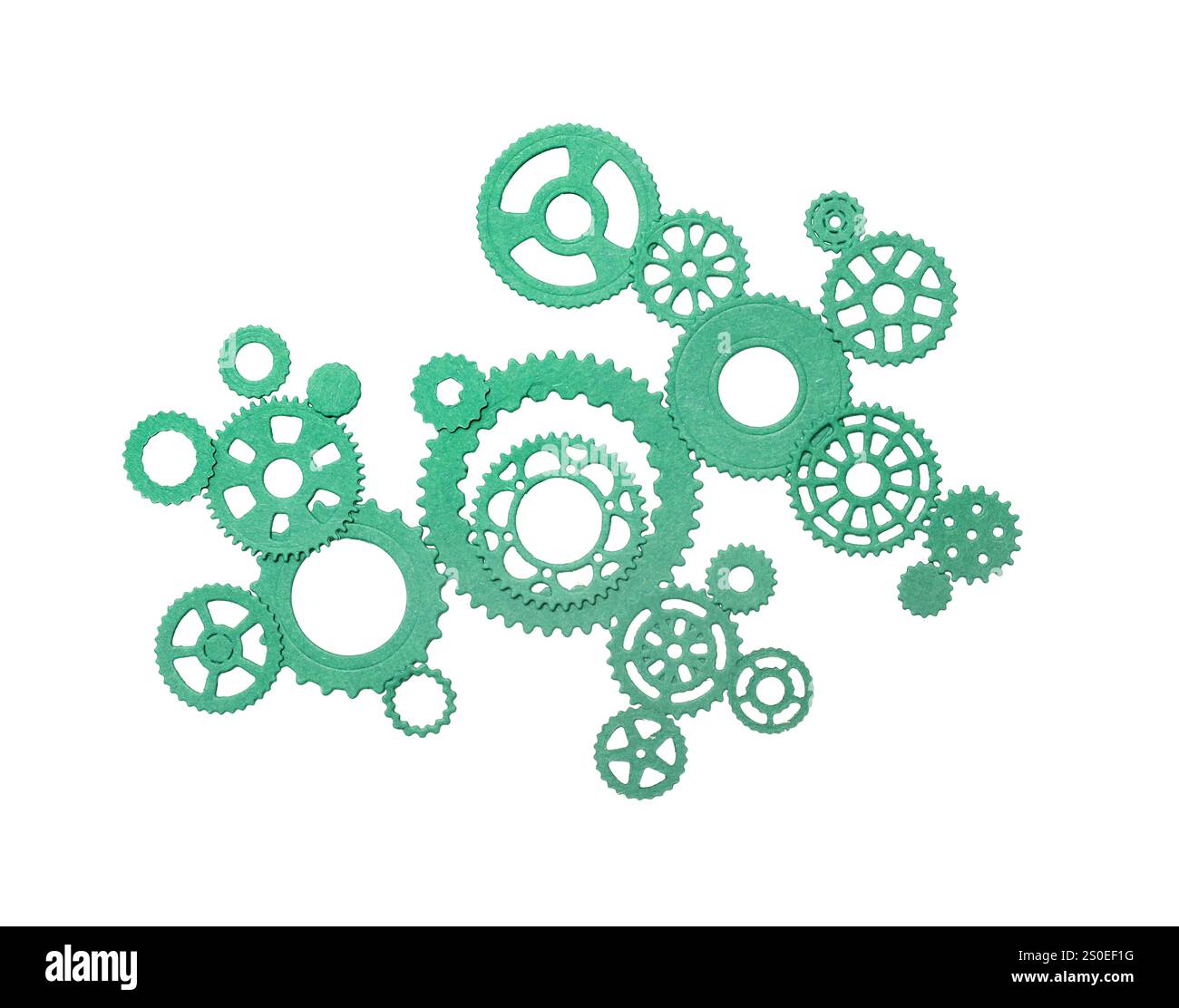 Green paper gears on white background Stock Photo - Alamy