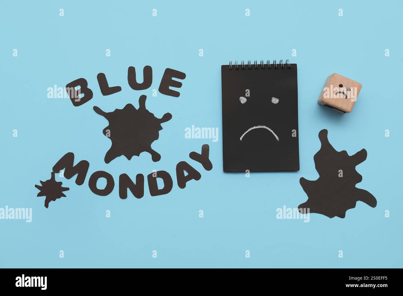 Text BLUE MONDAY, notebook with drawn sad face and blots Stock Photo ...