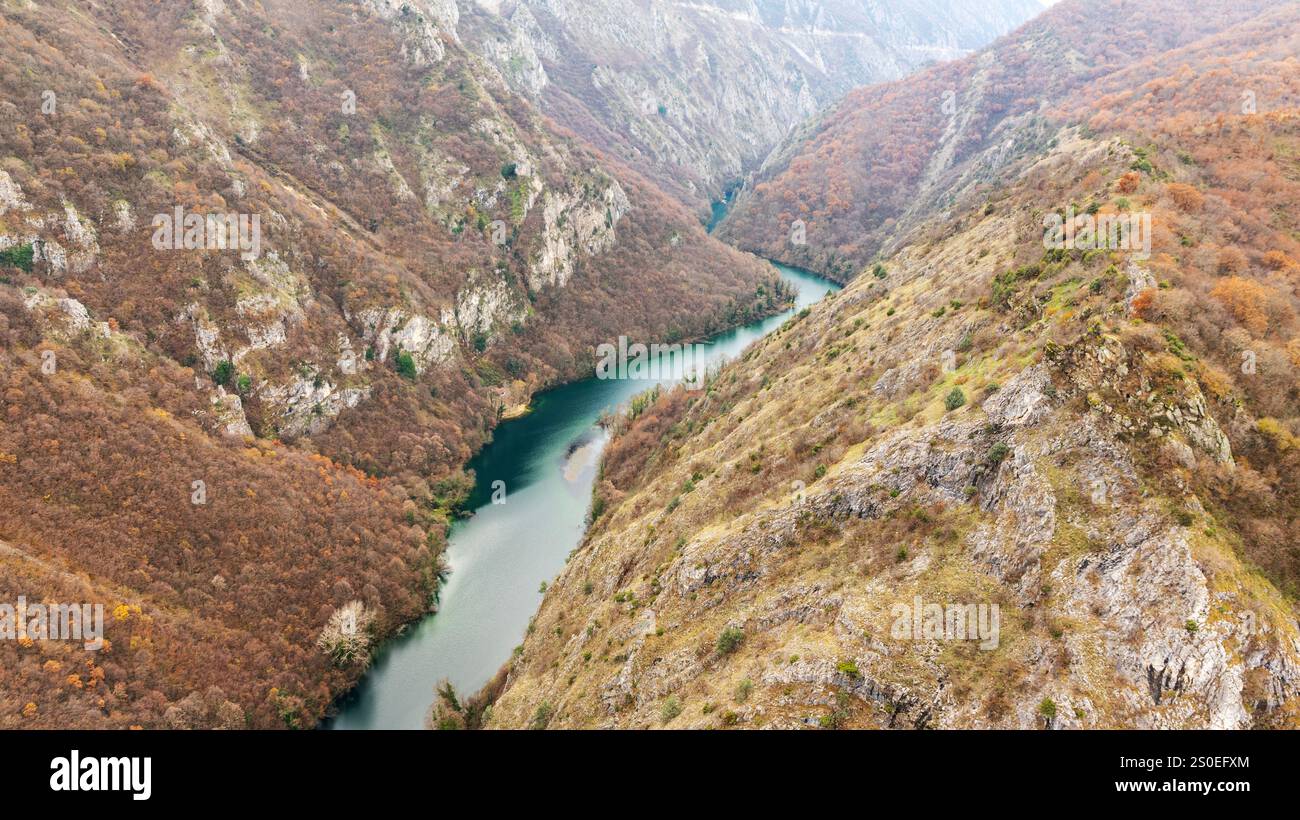 Aerial view of Matka lake with a dam power plant and Treska river in ...