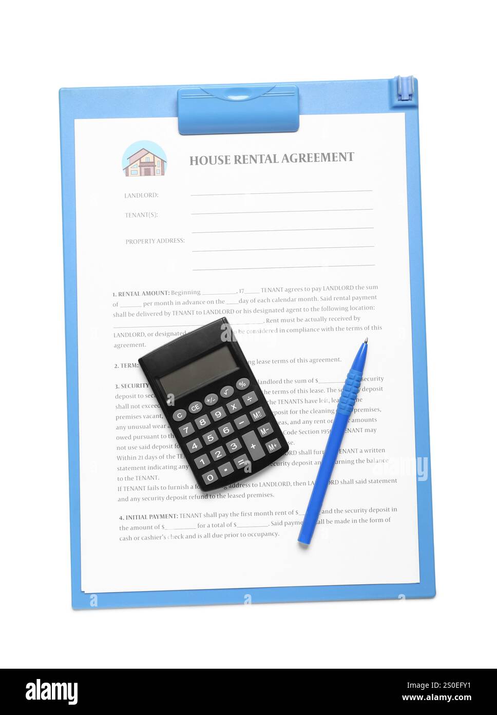 Blank house rental agreement with pen and calculator on white ...