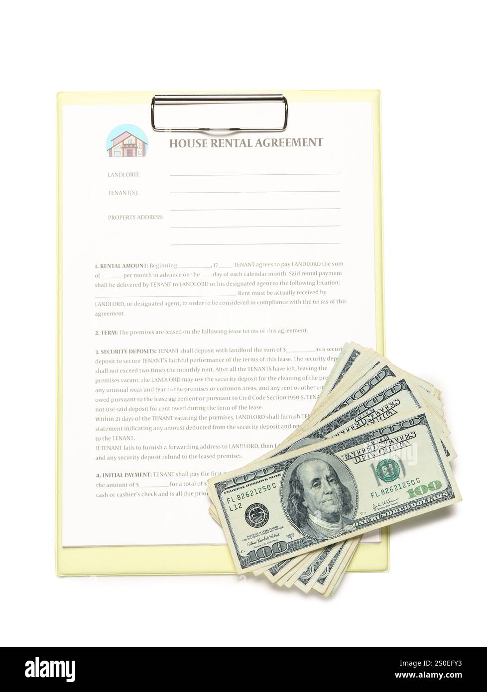 Blank house rental agreement with money on white background Stock Photo ...