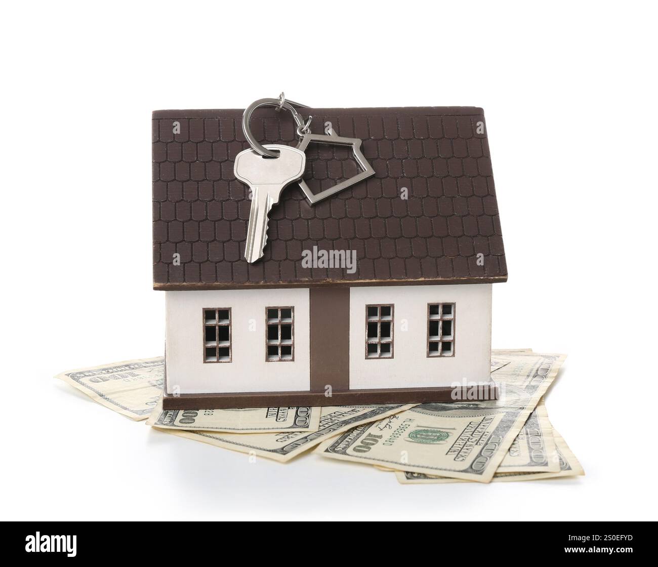 House model with key and money on white background Stock Photo - Alamy