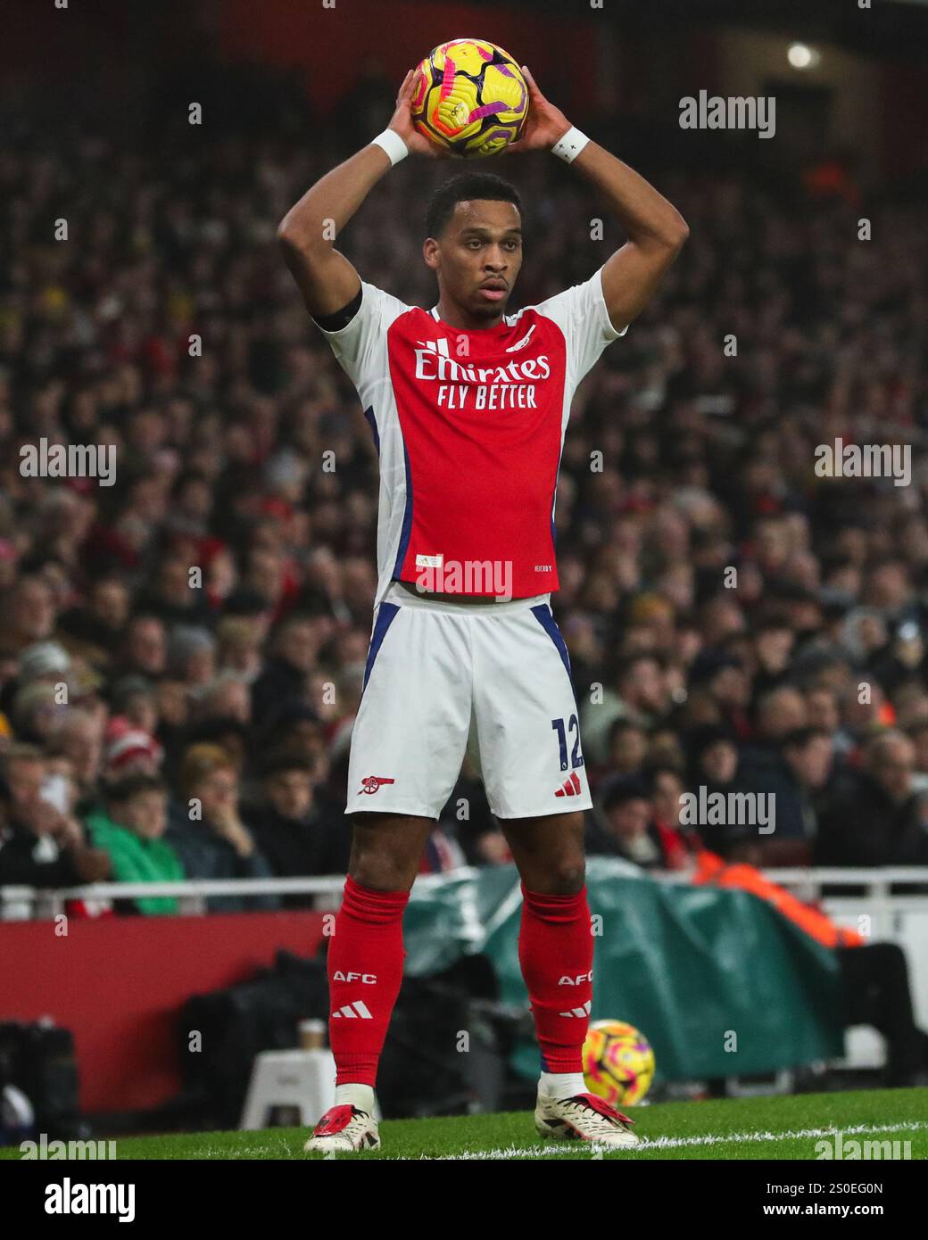 Jurrien Timber of Arsenal takes a throw in during the Premier League ...