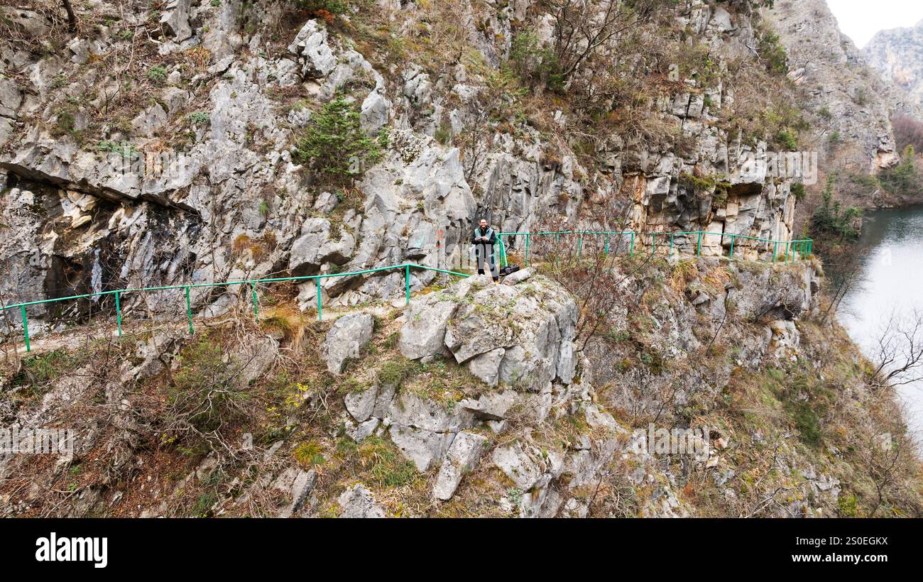 Aerial view of Matka lake with a dam power plant and Treska river in ...