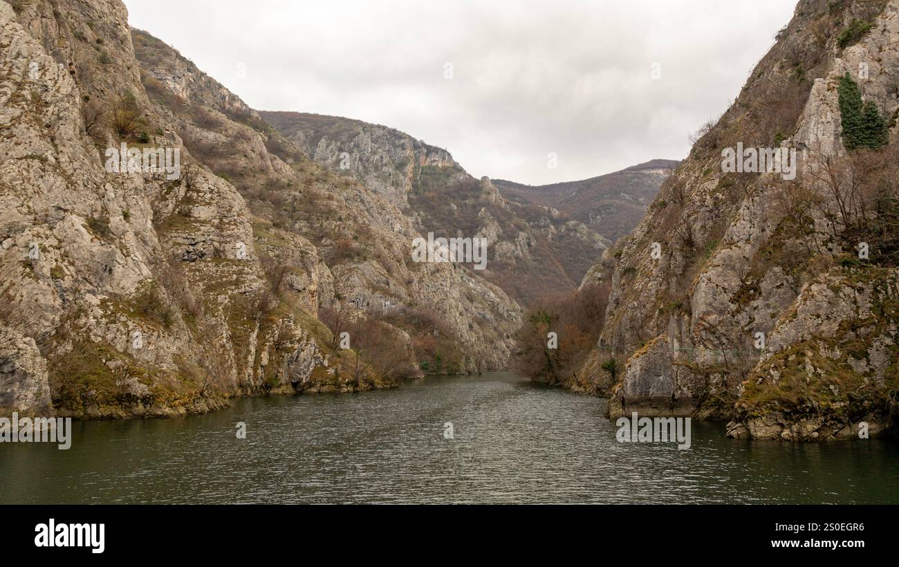 Aerial view of Matka lake with a dam power plant and Treska river in ...