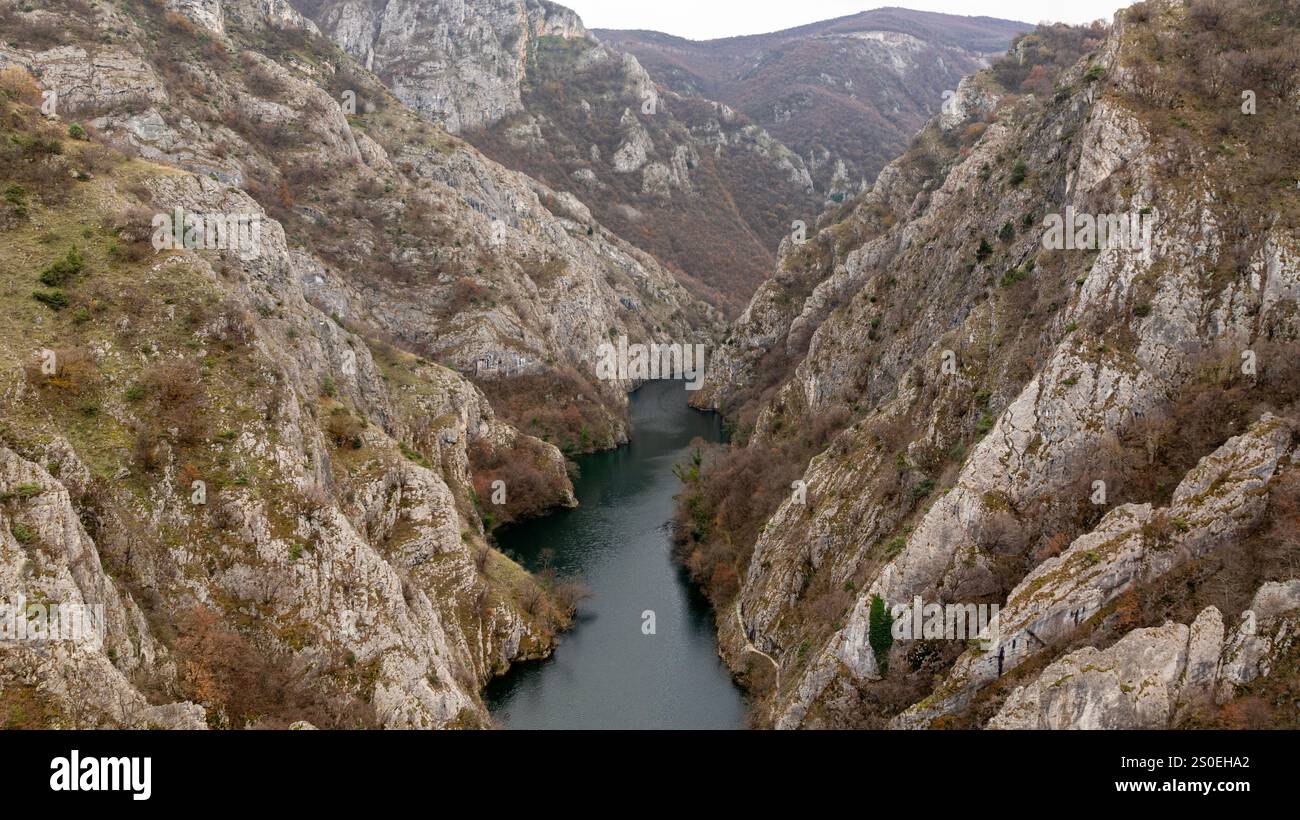 Aerial view of Matka lake with a dam power plant and Treska river in ...