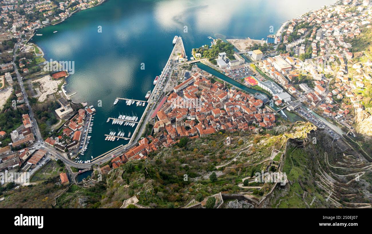A panoramic view of the Bay of Kotor, cruise port, mountains and the ...