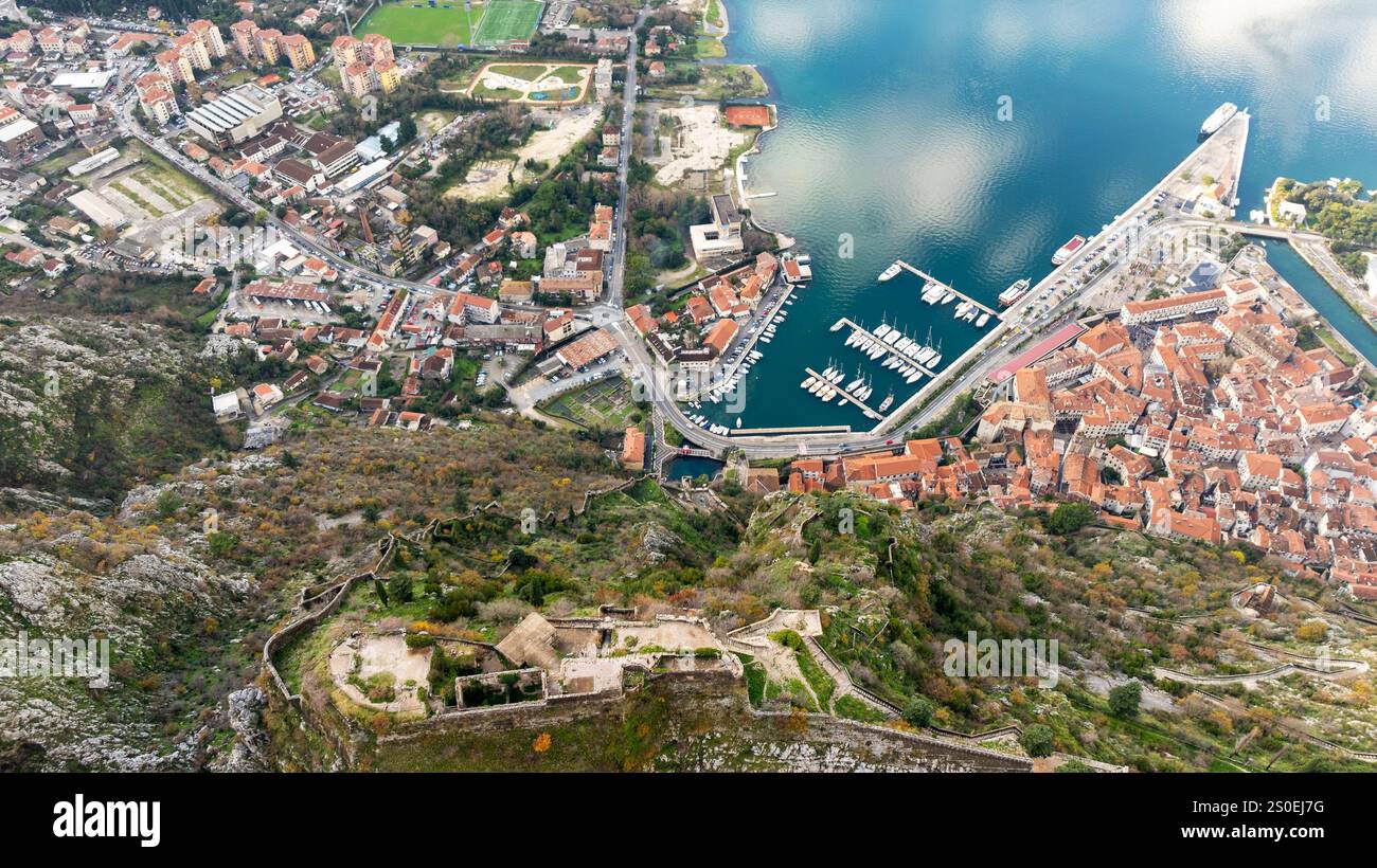 A panoramic view of the Bay of Kotor, cruise port, mountains and the ...