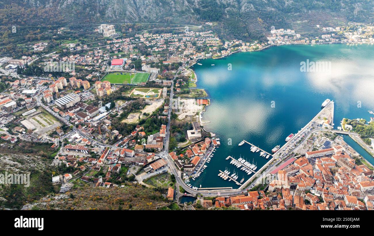 A panoramic view of the Bay of Kotor, cruise port, mountains and the ...