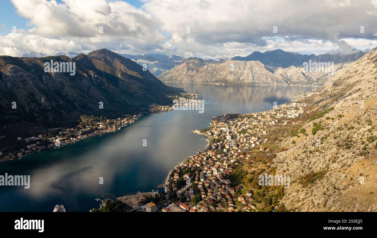 A panoramic view of the Bay of Kotor, cruise port, mountains and the ...