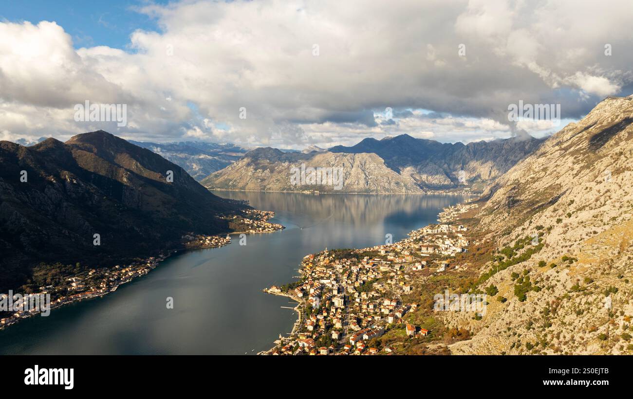 A panoramic view of the Bay of Kotor, cruise port, mountains and the ...
