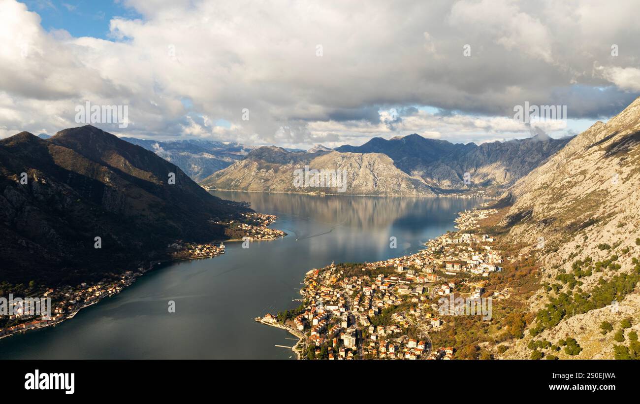 A panoramic view of the Bay of Kotor, cruise port, mountains and the ...