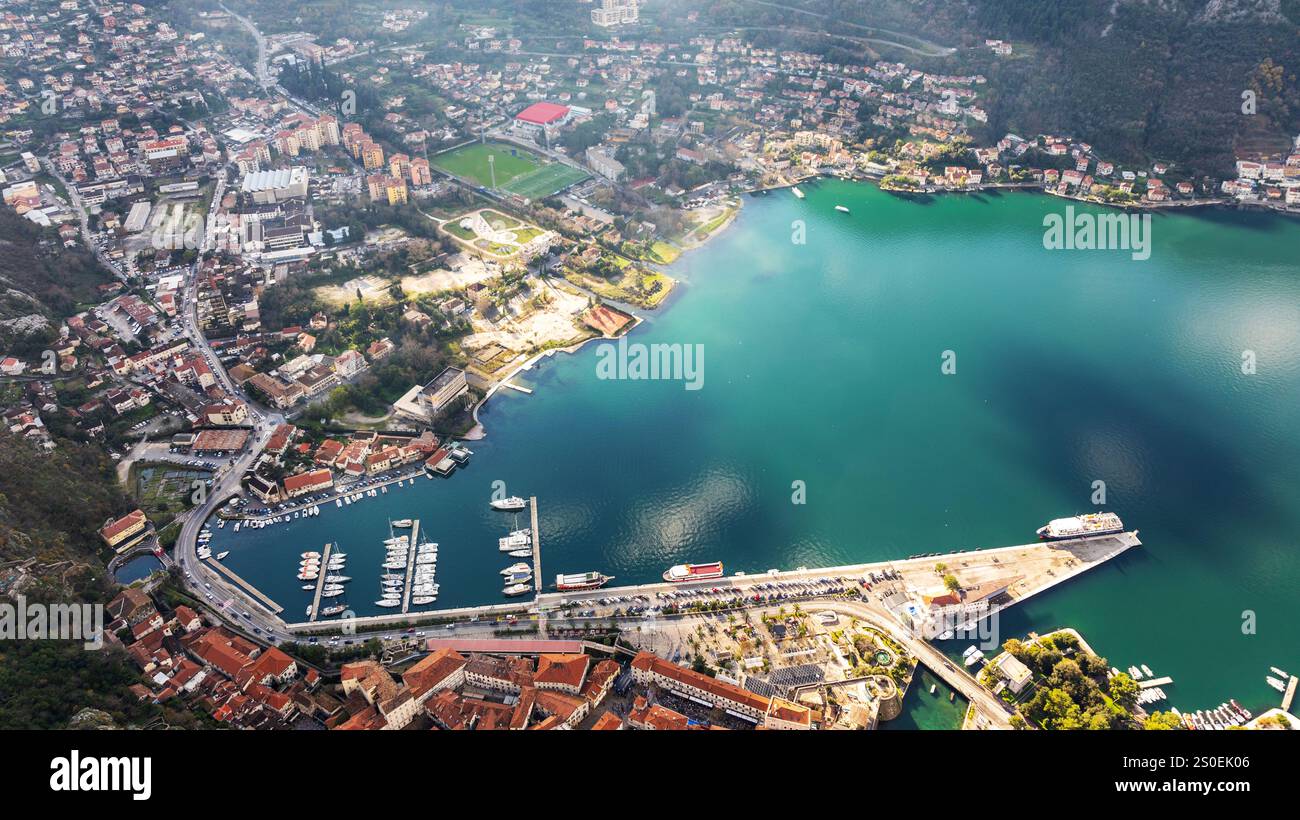 A panoramic view of the Bay of Kotor, cruise port, mountains and the ...