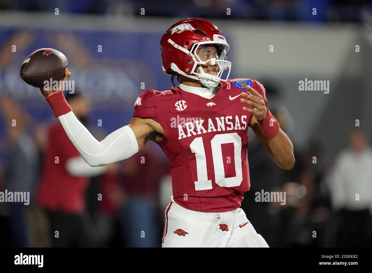Arkansas quarterback Taylen Green warms up before the Liberty Bowl NCAA ...