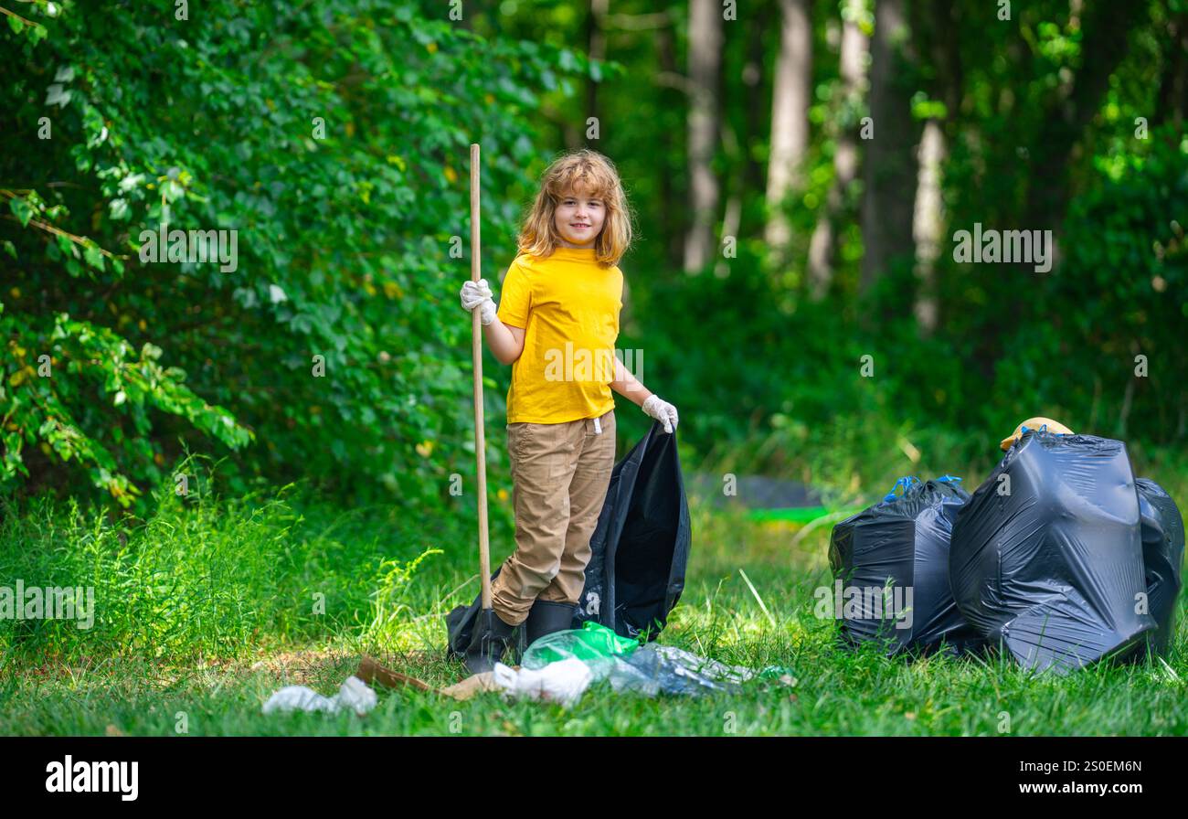 Kid helps to pick up garbage. Pollute forest. Rubbish trash. Planet ...