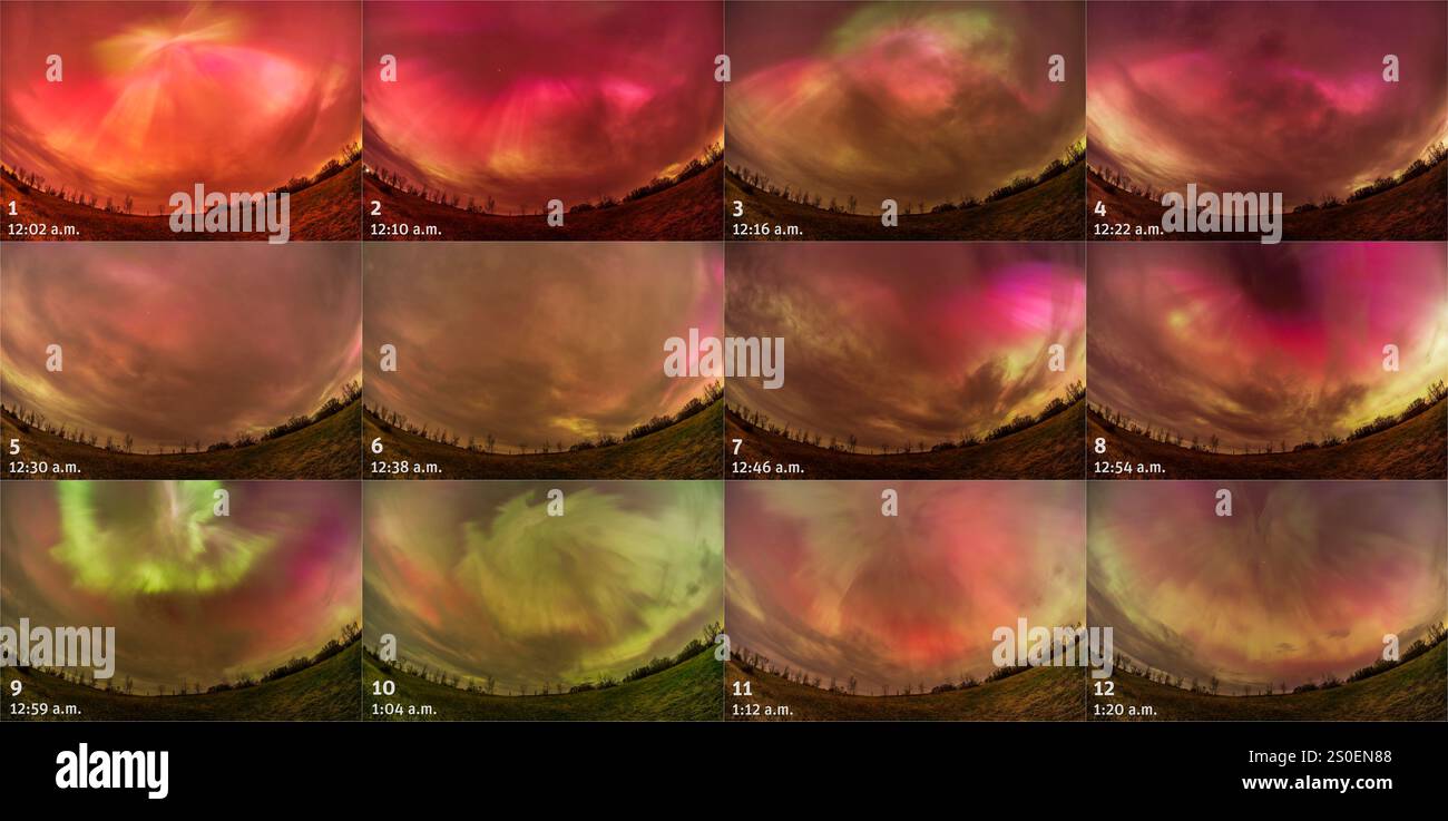 A sequence of 12 images showing the evolution of the aurora borealis ...