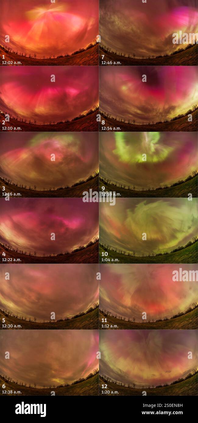 A sequence of 12 images showing the evolution of the aurora borealis ...