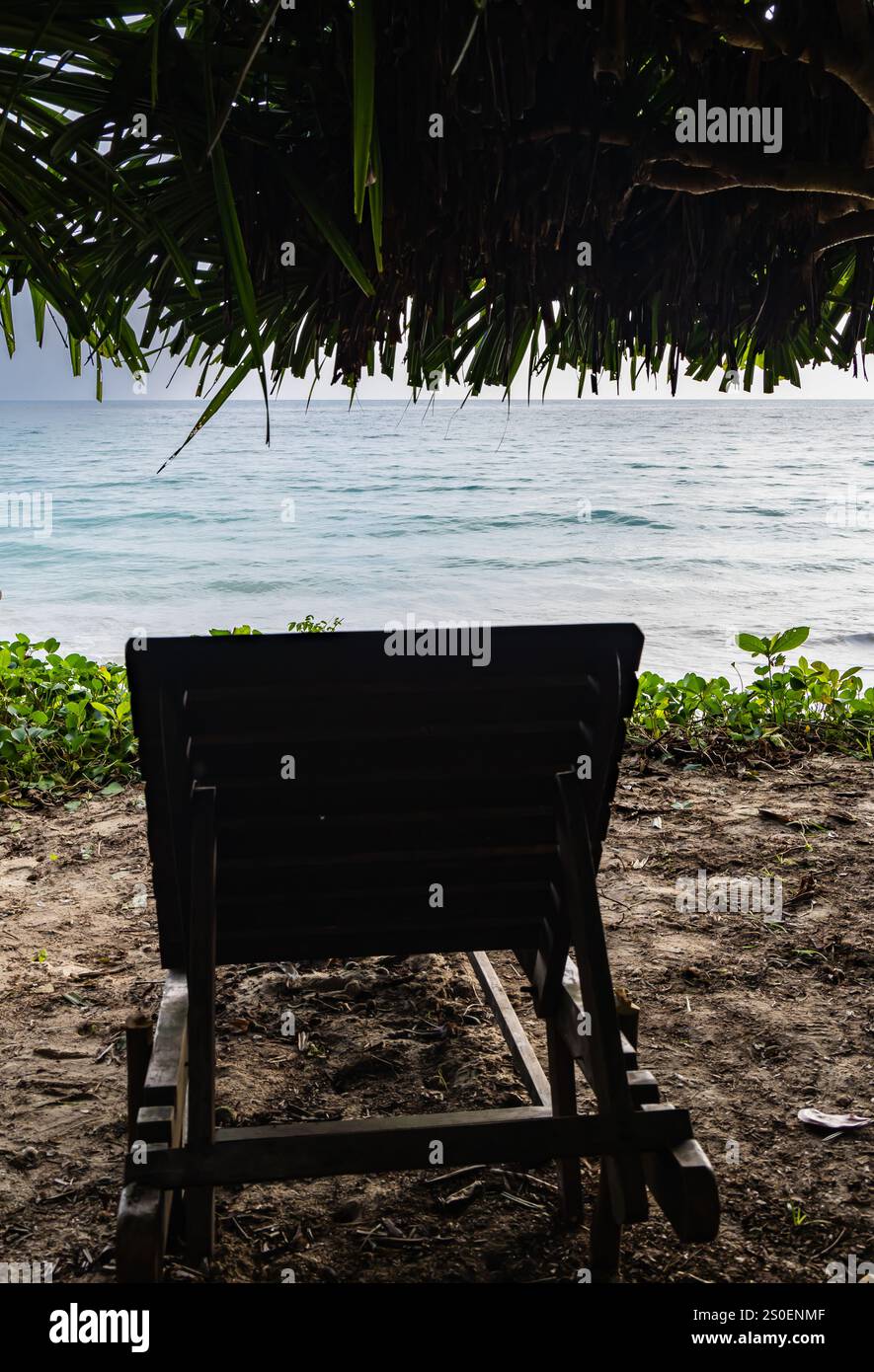 wood beach chair sitting with sea horizon sunrise view from unique ...