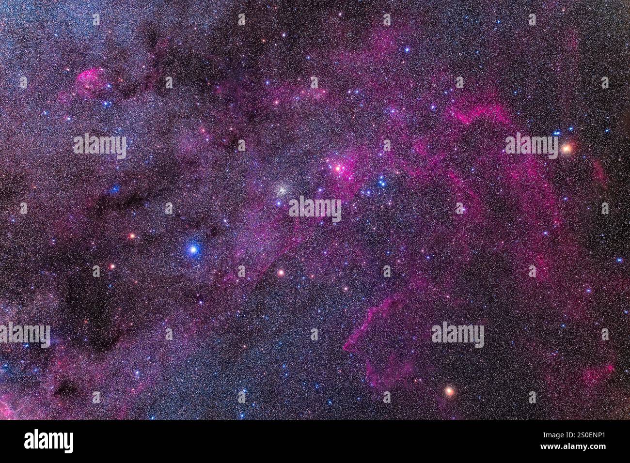 Nebulas and star clusters in Puppis in a wide field of view. At centre ...