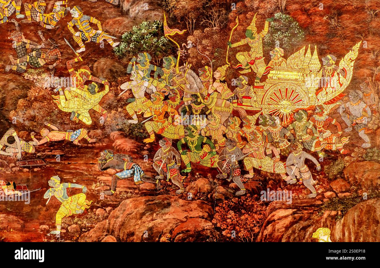 Colorful Ramakien design from an extensive mural at the Palace of the ...