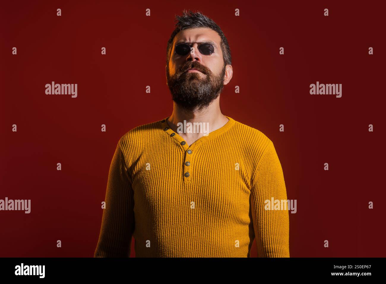 Blind man. Visually impaired. Despite disability. Bearded blind man ...